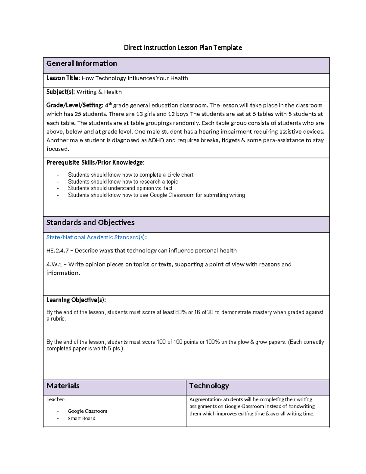 Technology Opinion Lesson Plan - Direct Instruction Lesson Plan ...