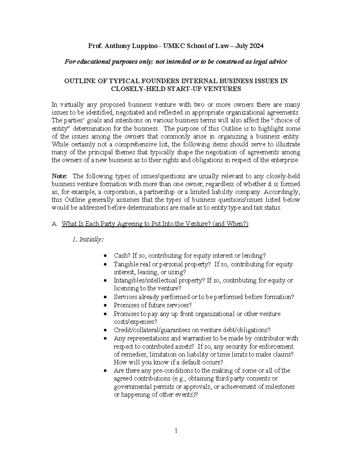 Outline of Founders' Internal Business Issues Luppino July 2024 - Prof ...