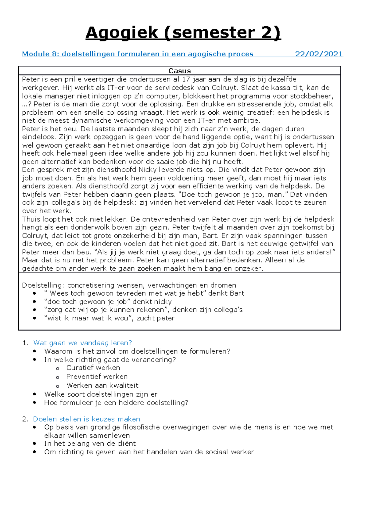 Agogiek - semester 2 - Agogiek (semester 2) Module 8: doelstellingen ...