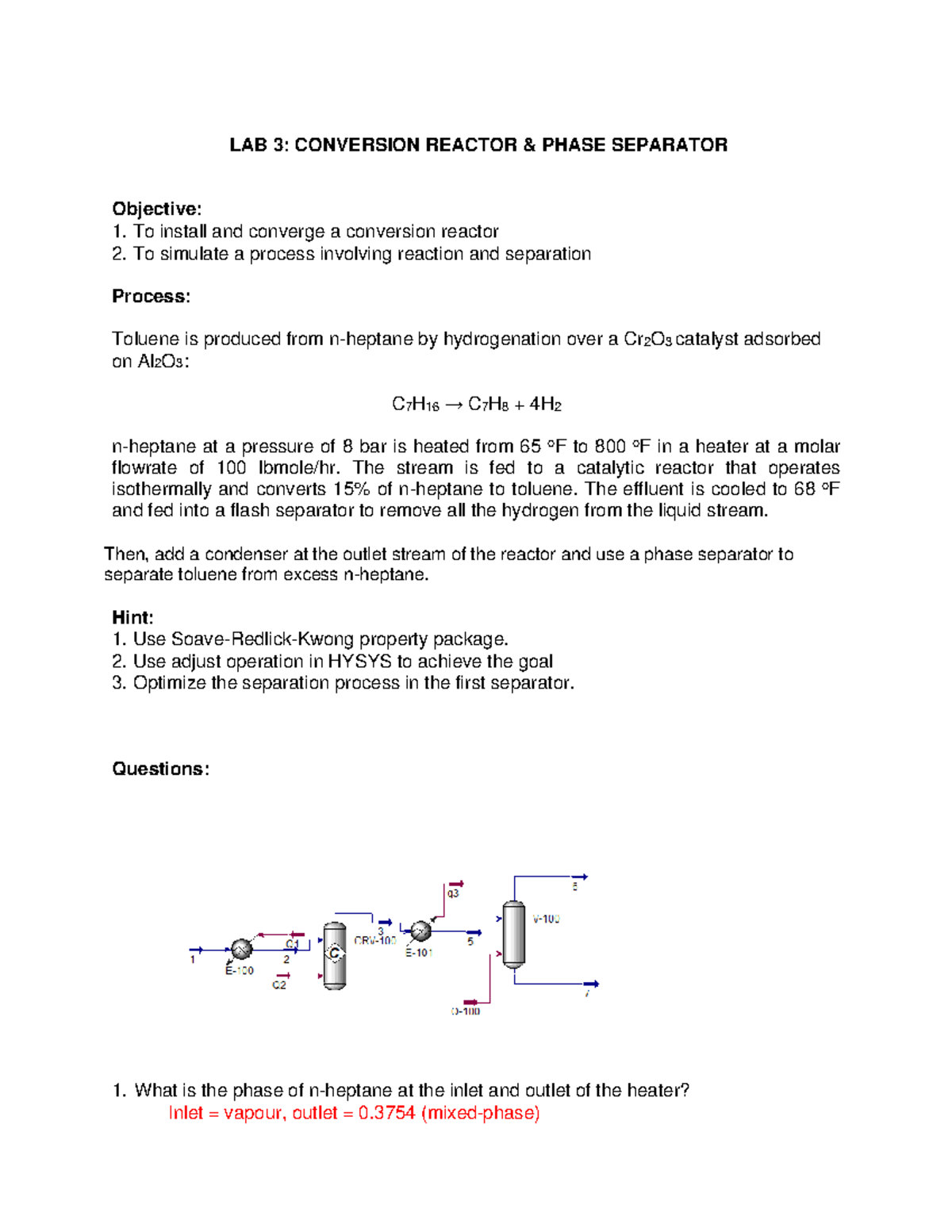 LAB 3 Coversion reactor Phase Separator - LAB 3: CONVERSION REACTOR ...