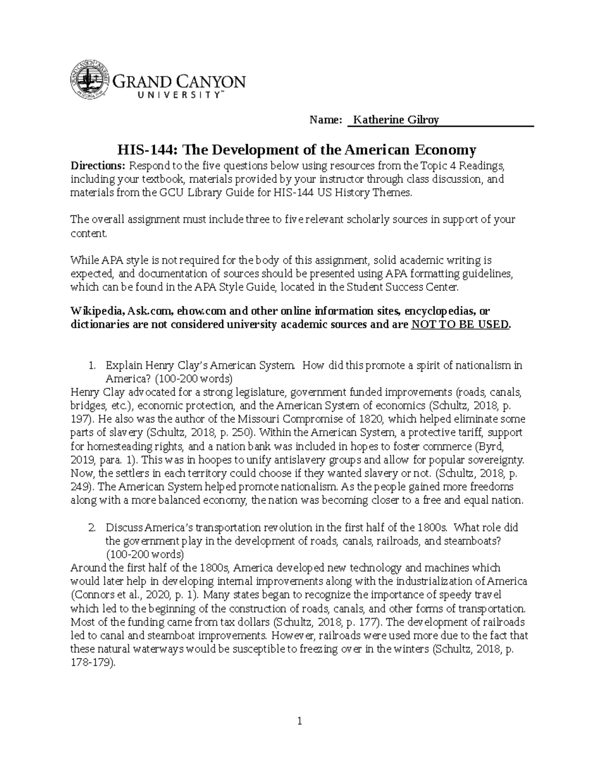 Development of the American Economy Worksheet - Name: Katherine Gilroy ...