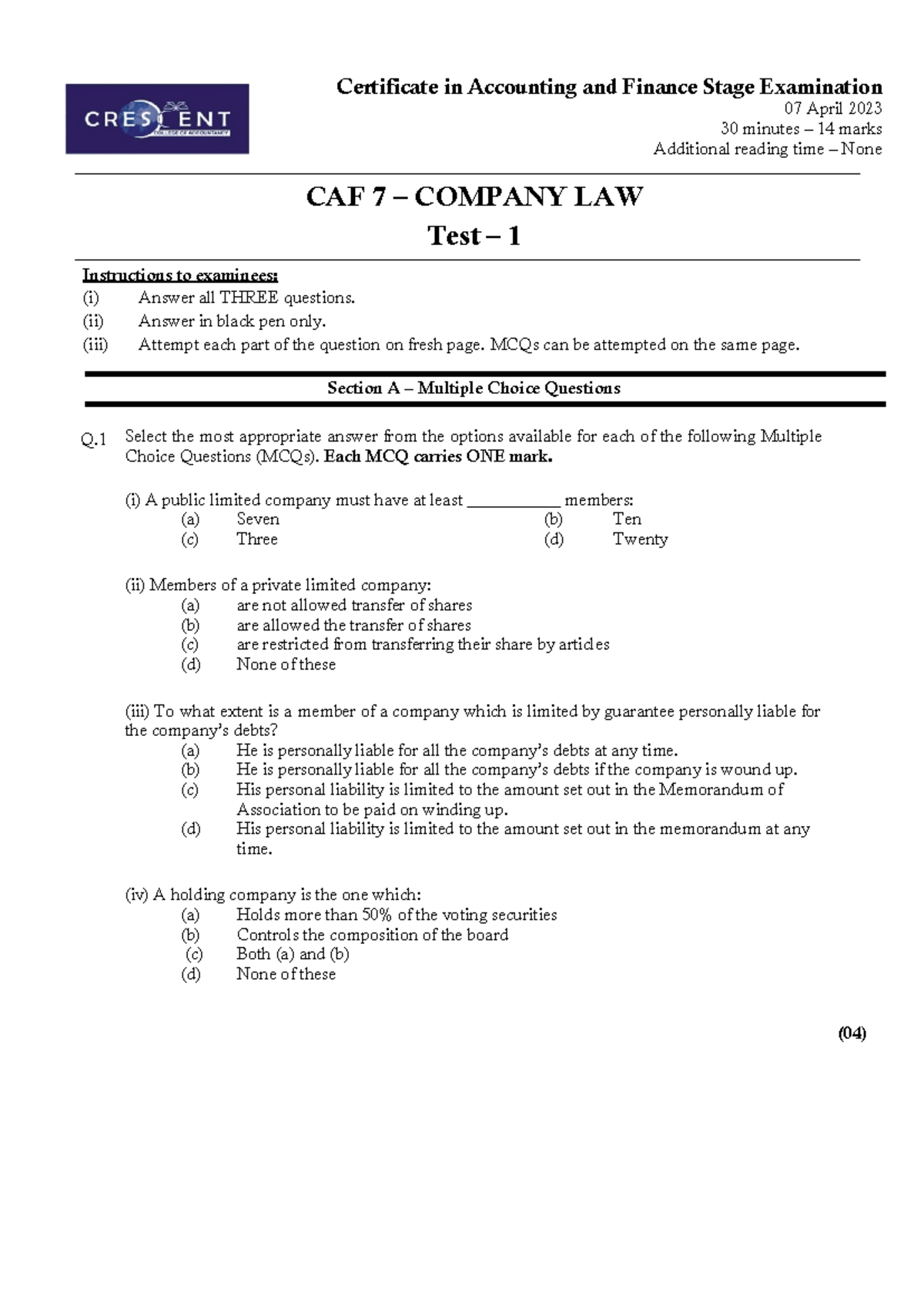 CAF 07 Tests + Solutions (Combined) - Certificate in Accounting and ...