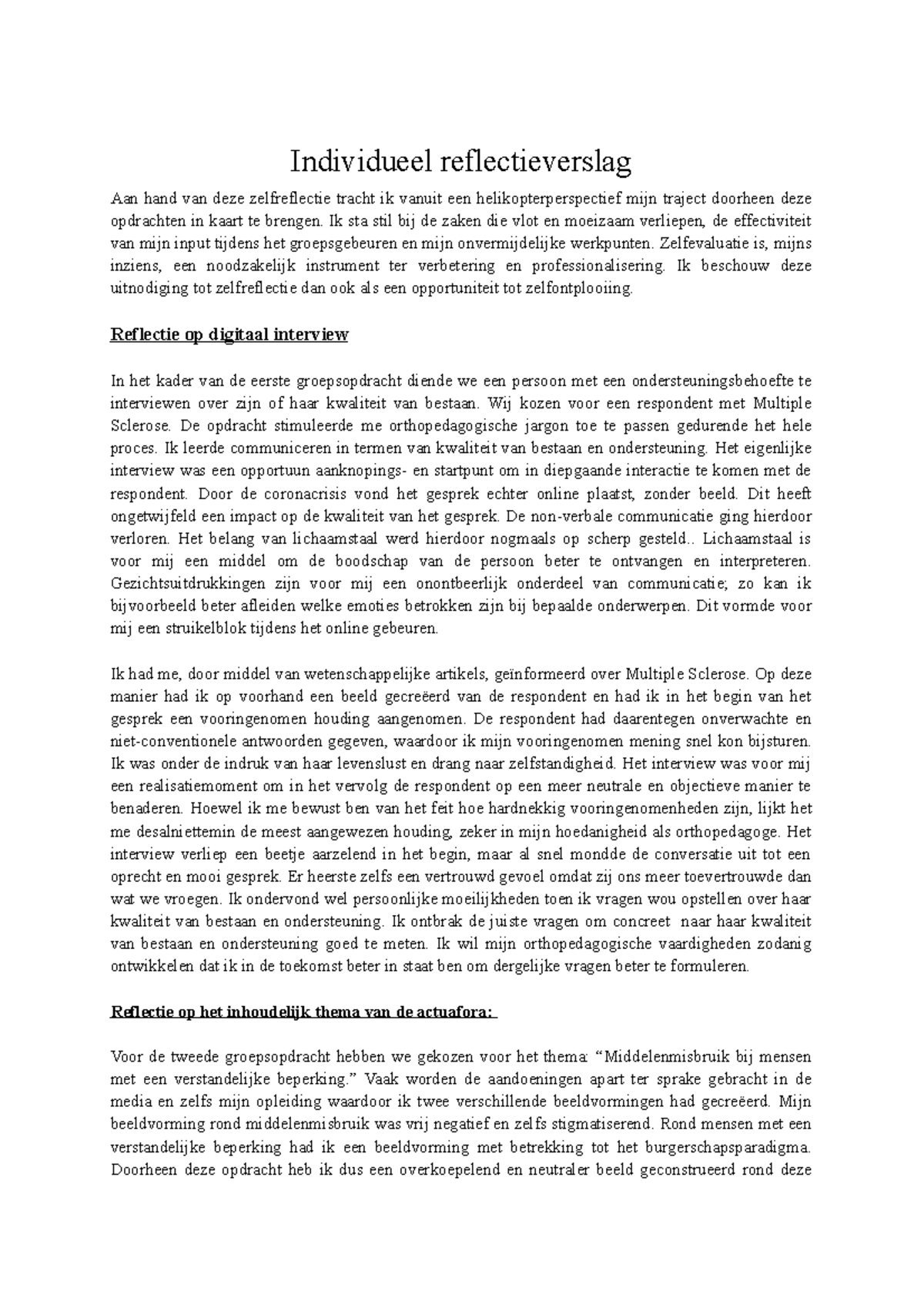 Individueel reflectieverslag interview kwaliteit van bestaan - Individueel reflectieverslag Aan ...