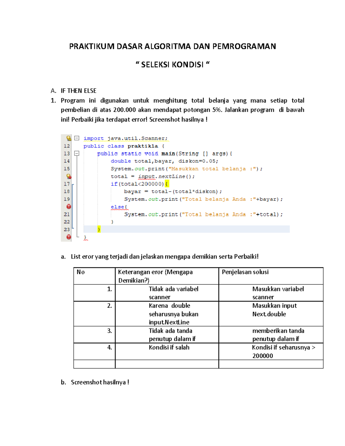 3. Praktik ( Seleksi Kondisi) - PRAKTIKUM DASAR ALGORITMA DAN ...