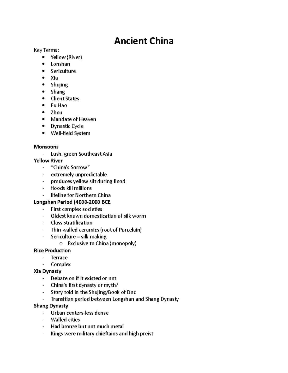 Harding-HIST101-9 - Ancient China Key Terms: Yellow (River) Lonshan ...