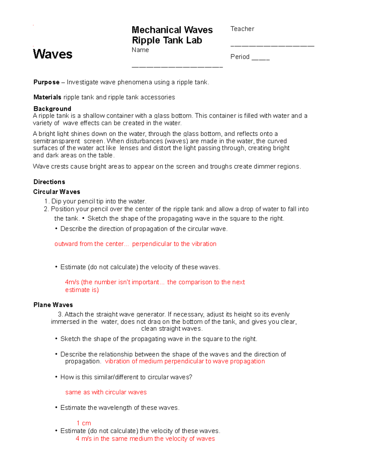 KEY Mechanical Waves Ripple Tank Lab T - **P r e AP** Waves Mechanical ...