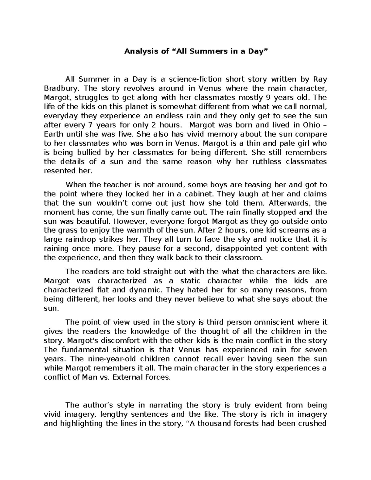 All summers in a day - Analysis of “All Summers in a Day” All Summer in ...