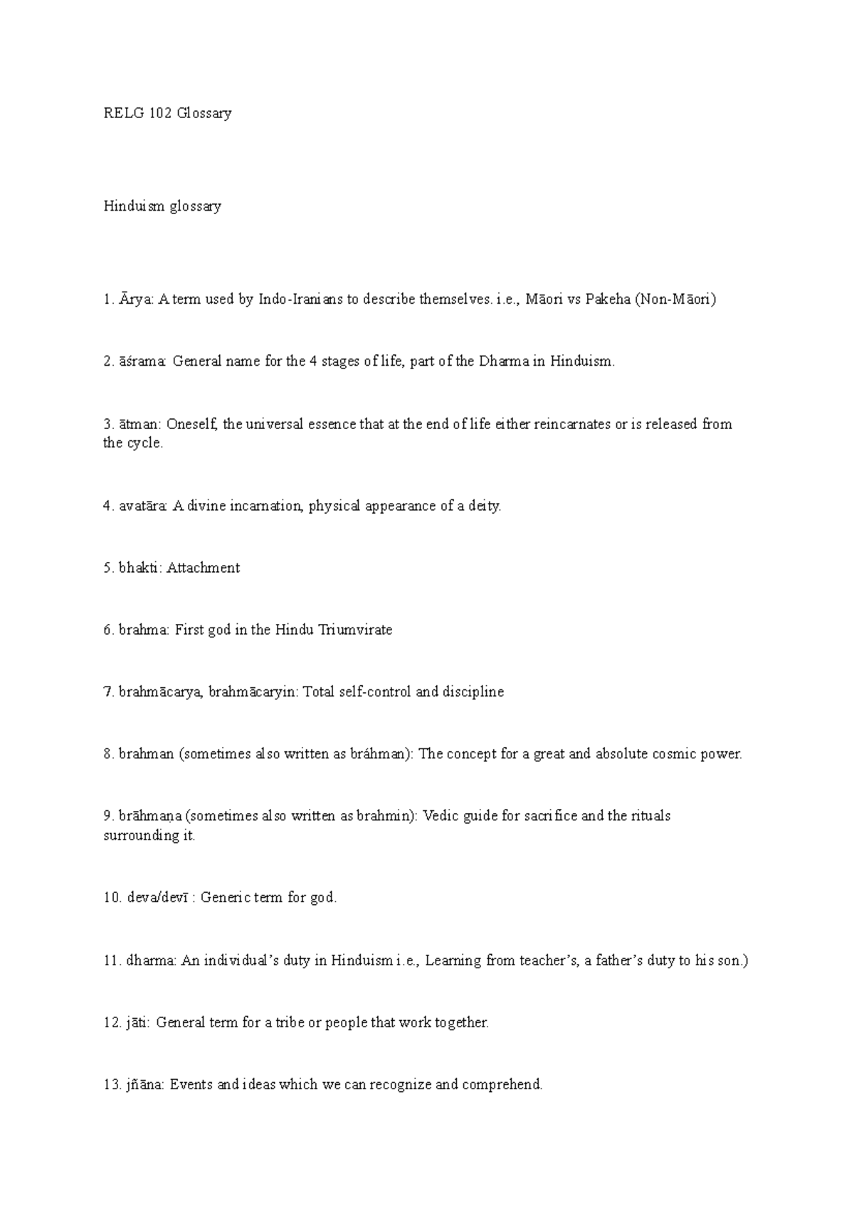 RELG 102 Glossary - Internal assignment - RELG 102 Glossary Hinduism ...