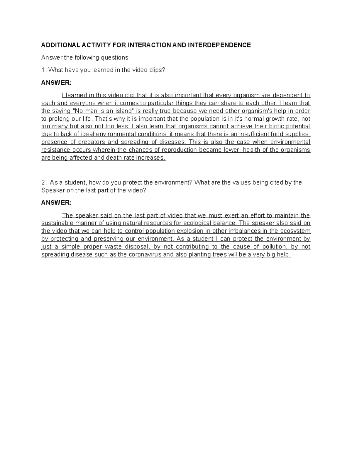 ADDITIONAL ACTIVITY FOR INTERACTION AND INTERDEPENDENCE - I learn that ...