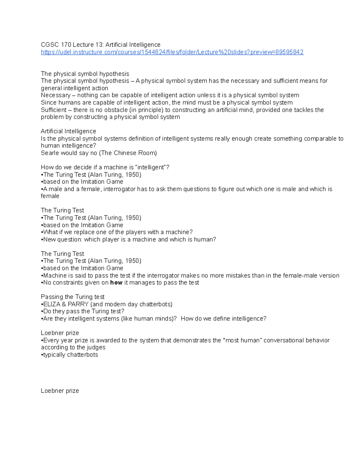 CGSC 170 Lecture 13 Artificial Intelligence - CGSC 170 Lecture 13: Artificial Intelligence - Studocu