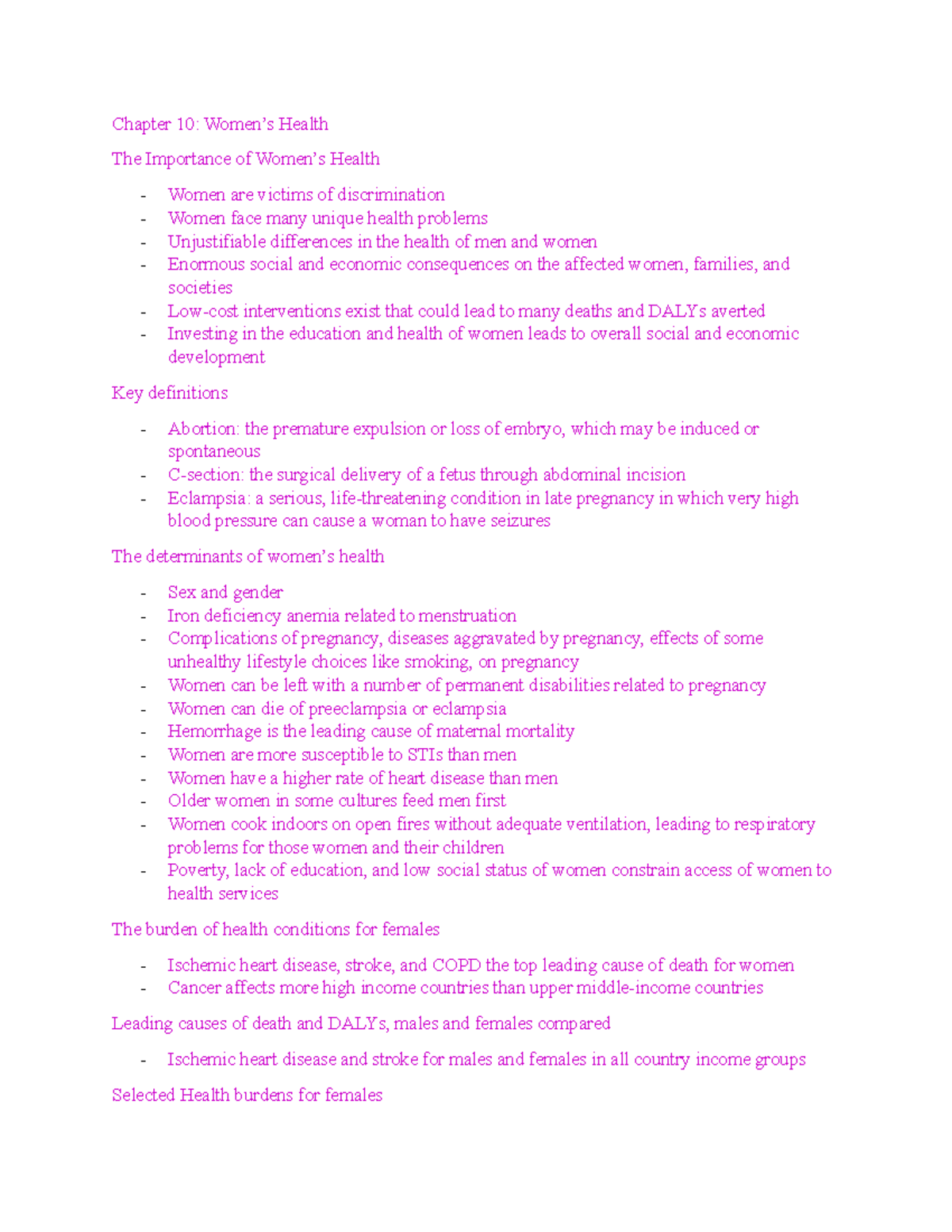 Chapter 10 Notes - Chapter 10: Women’s Health The Importance of Women’s ...