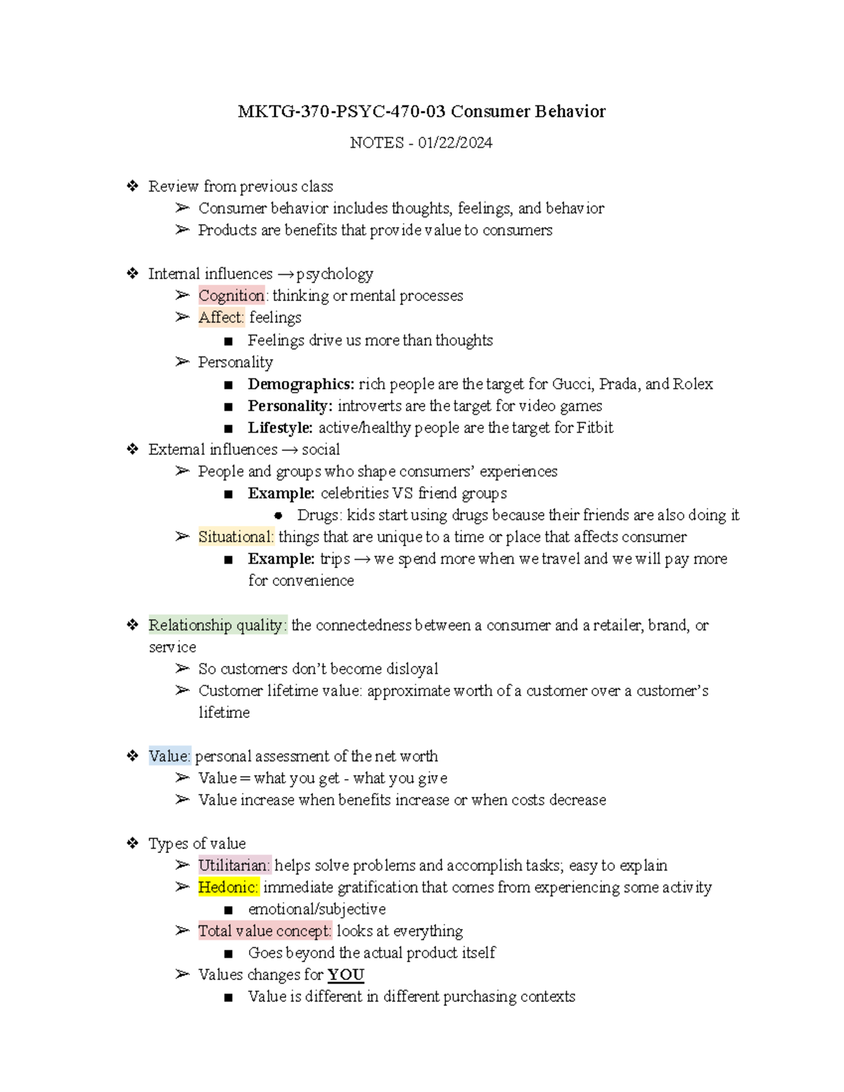 Notes 2 MKTG-370-PSYC-470-03 Consumer Behavior - MKTG-370-PSYC-470-03 ...