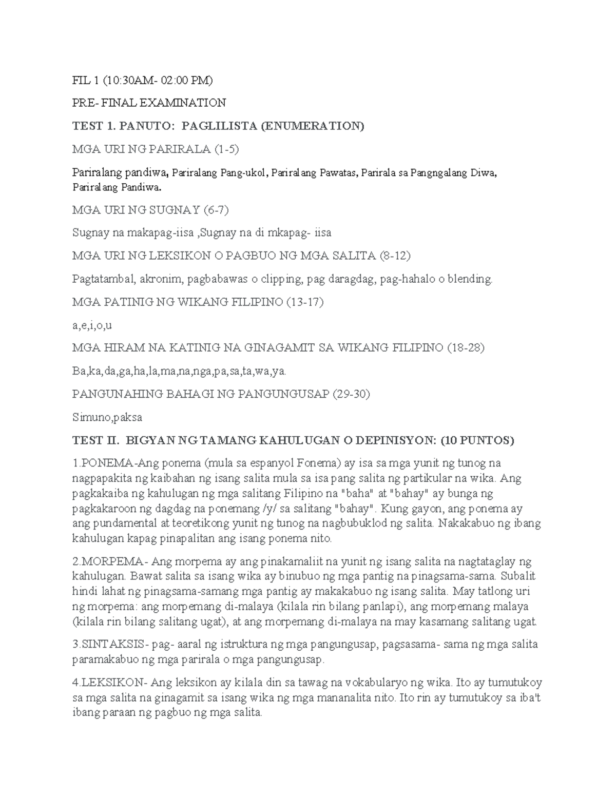 Fil 1 - FIL 1 (10:30AM- 02:00 PM) PRE- FINAL EXAMINATION TEST 1. PANUTO ...