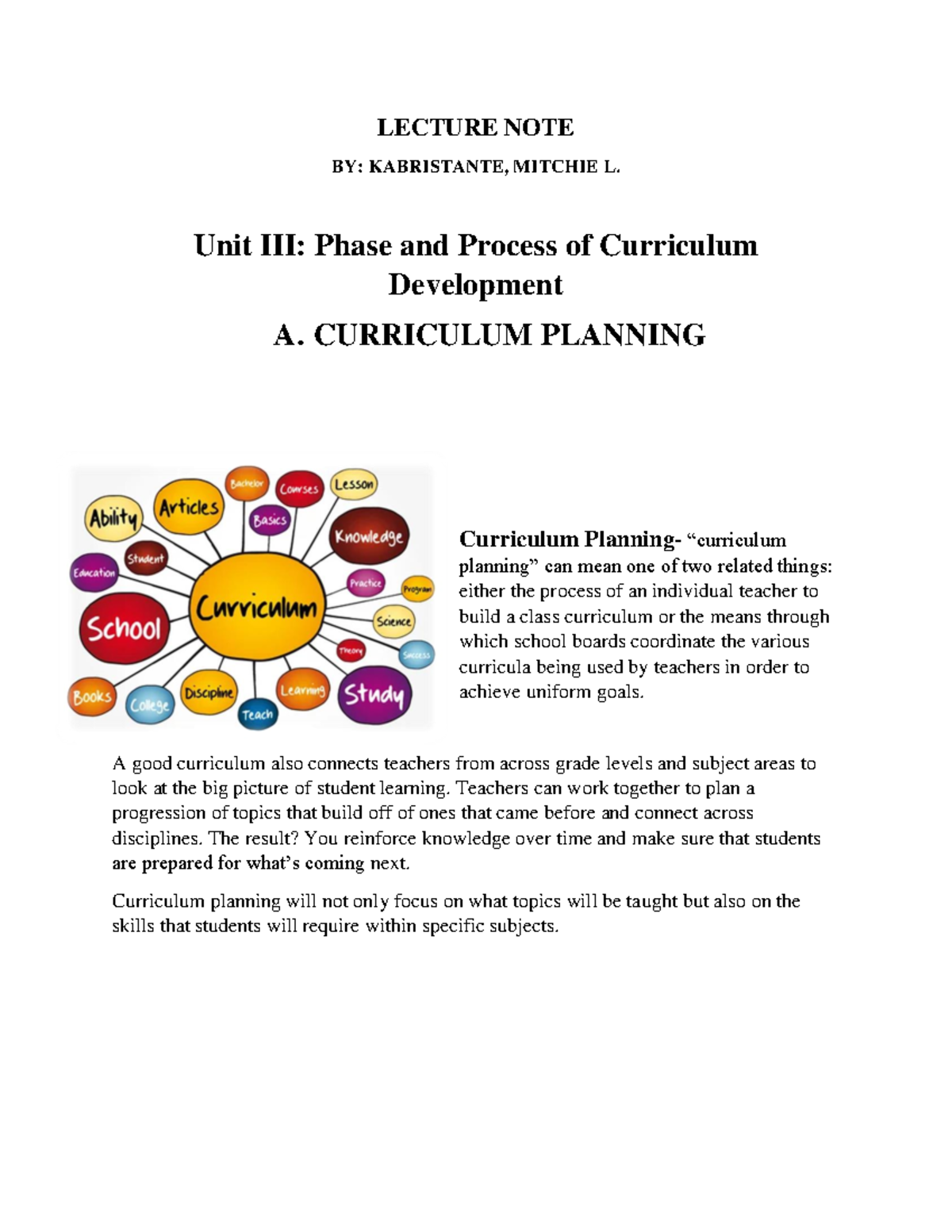 Lecture NOTE Curriculum Planning - LECTURE NOTE BY: KABRISTANTE ...