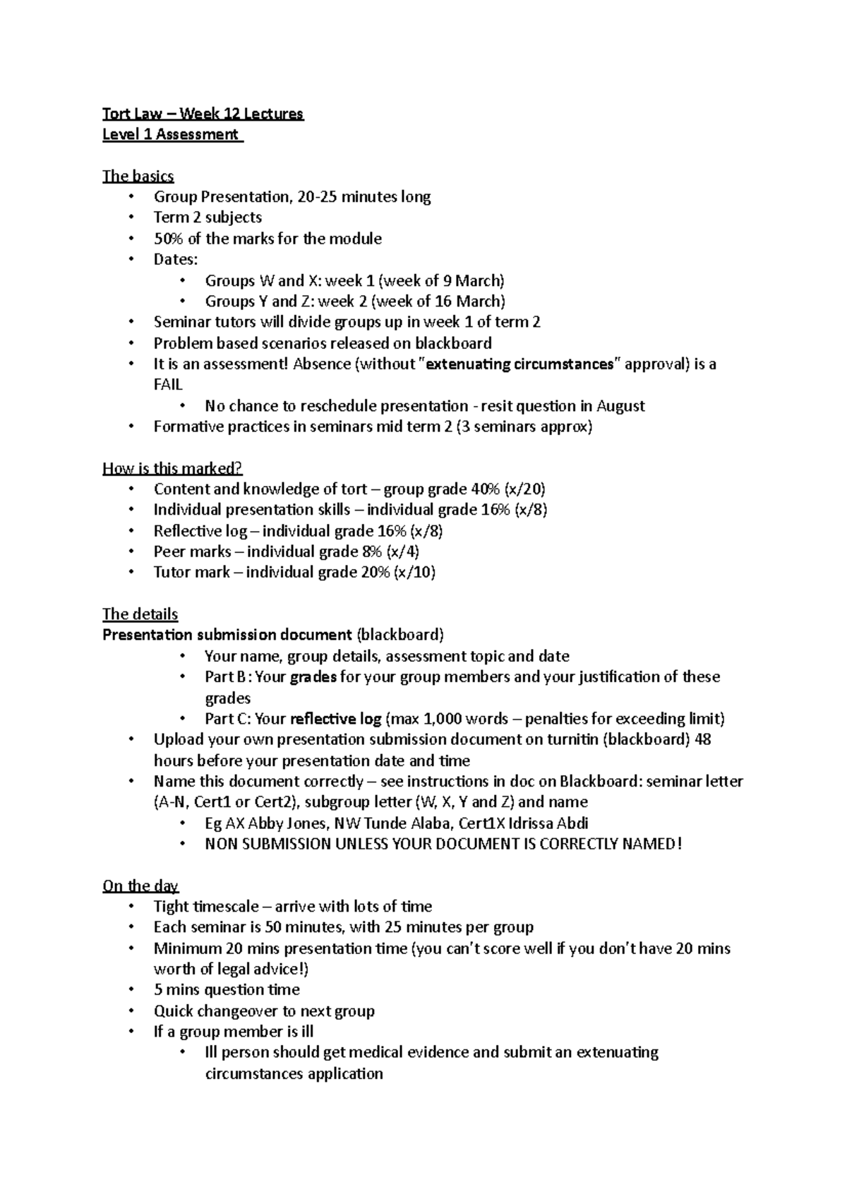 Assessment Preparation 2 - Tort Law – Week 12 Lectures Level 1 ...