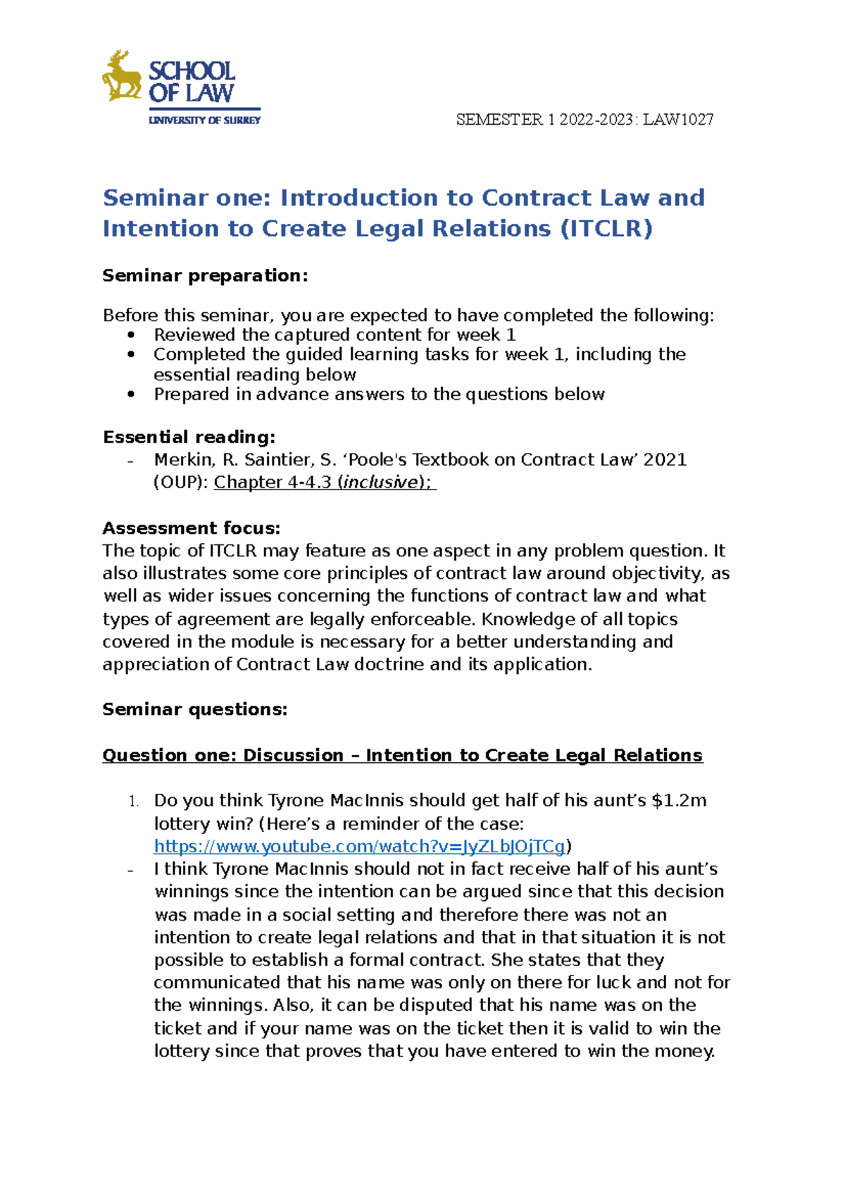 Tutorial 1 - Contract Law - Seminar one: Introduction to Contract Law ...
