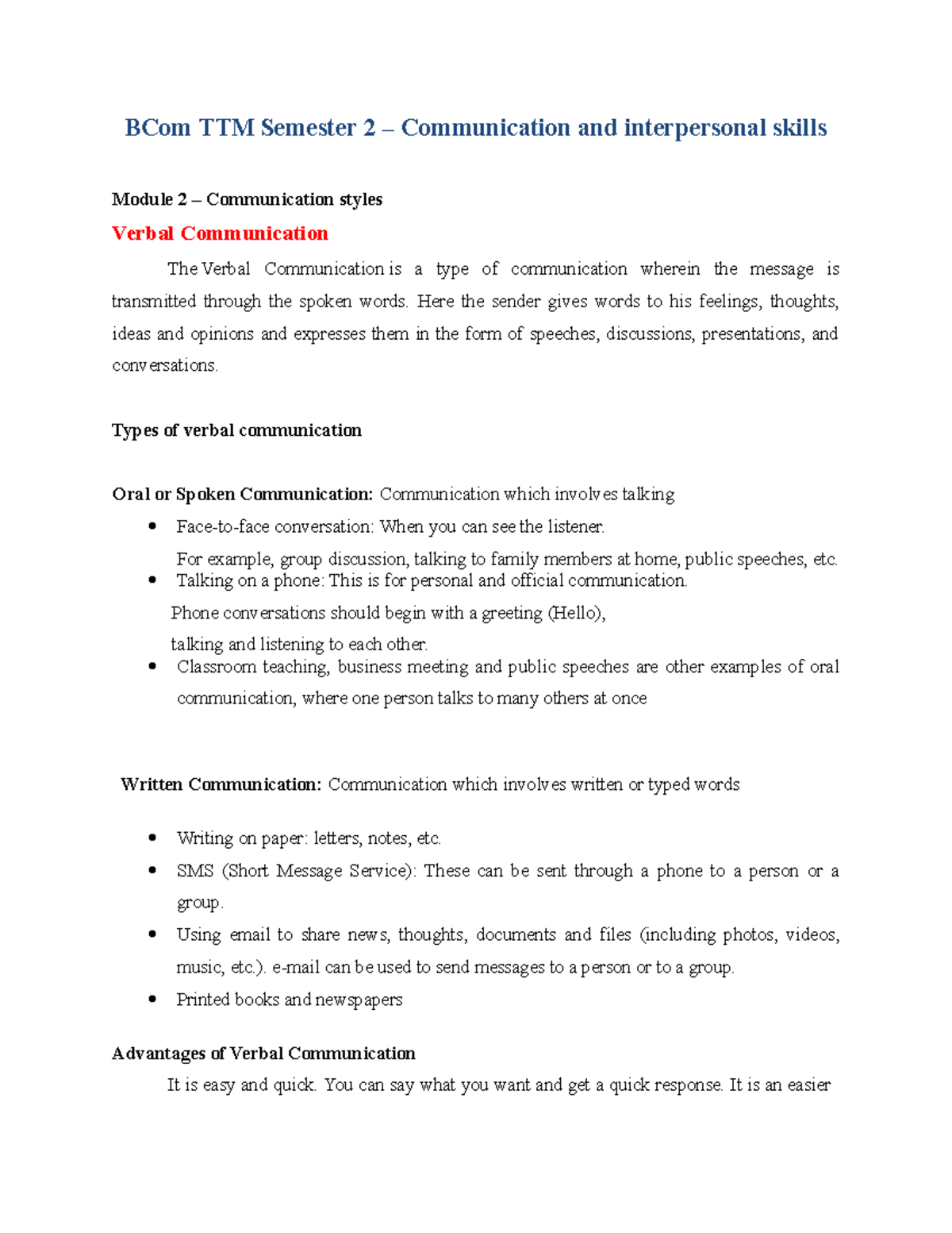 Sem 2 mod 2-1 - Easy notes - BCom TTM Semester 2 – Communication and ...