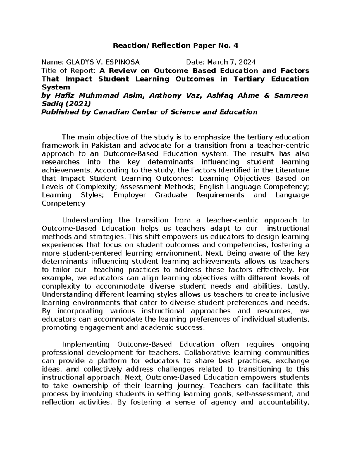 Espinosa Reaction Reflection Paper 4 - Reaction/ Reflection Paper No. 4 ...
