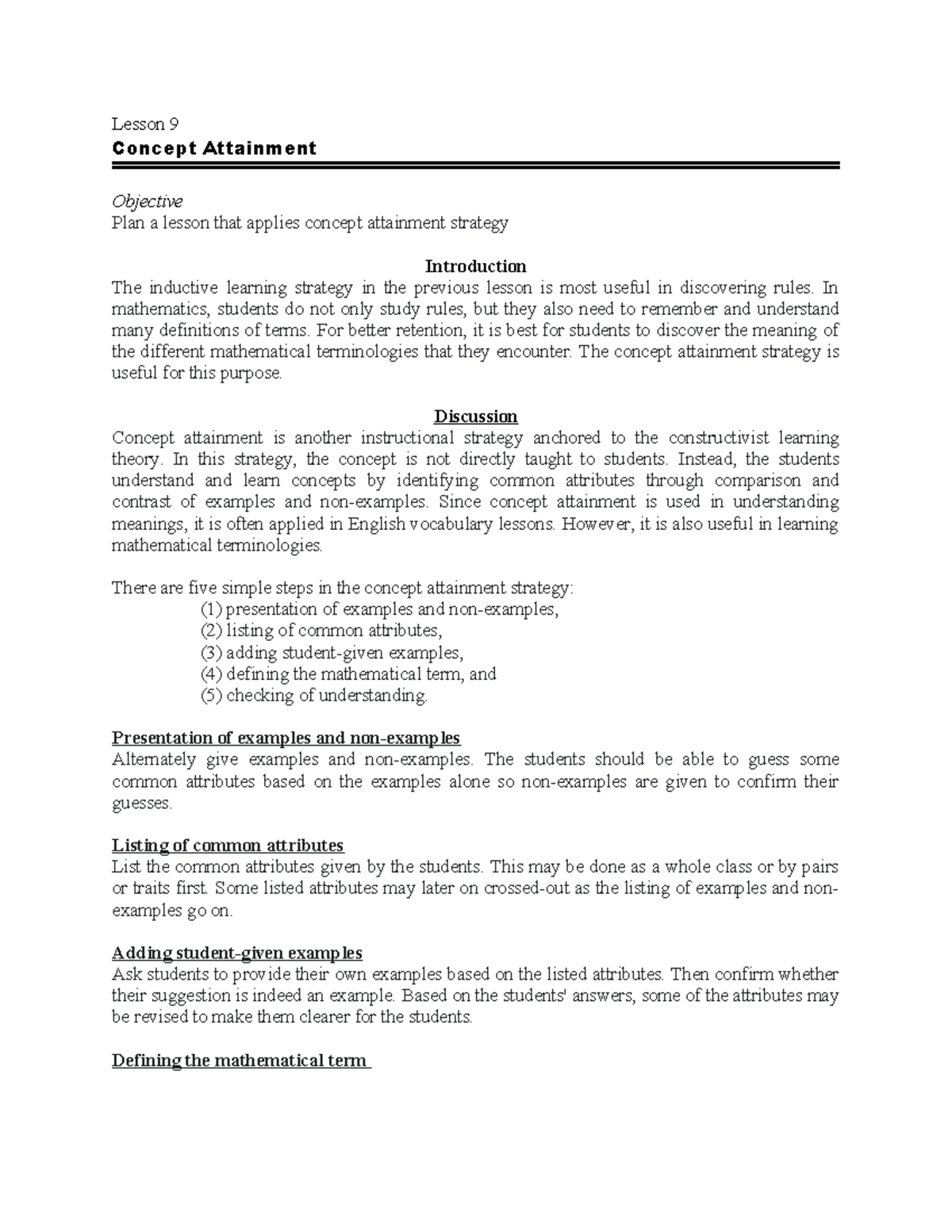 Lesson 9 - 10 math - Lesson 9 Concept Attainment Objective Plan a ...