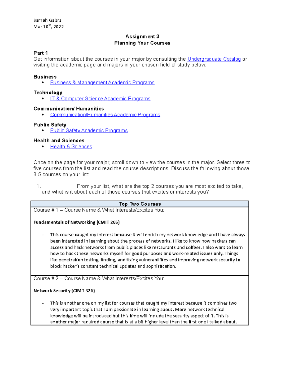 Planning Your Courses (Sameh Gabra) - Mar 10th, 2022 Assignment 3 ...