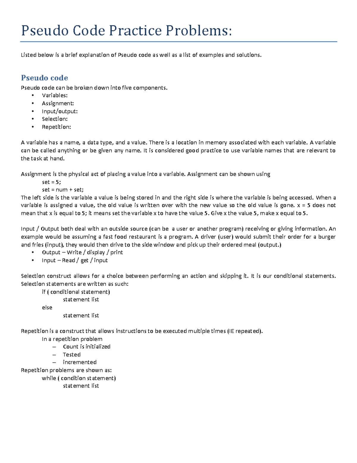 Pseudo Code Practice Problems - Pseudo Code Practice Problems: Listed below is a brief ...