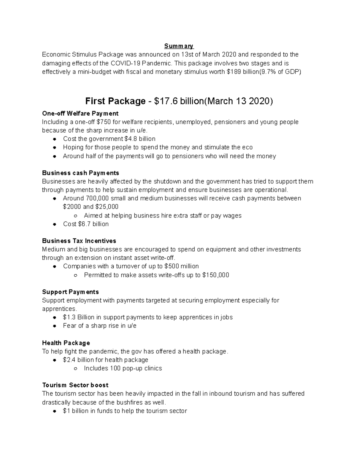 Covid-19 Economic Stimulus Package(AUS) - Summary Economic Stimulus ...
