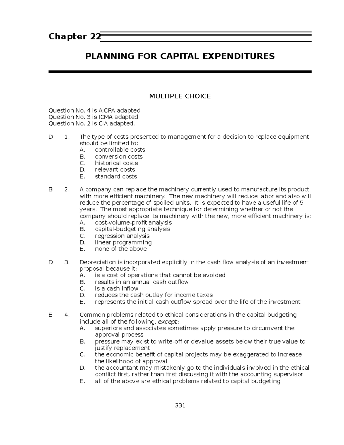 Ch22 - Practice questions - Chapter 22 PLANNING FOR CAPITAL ...