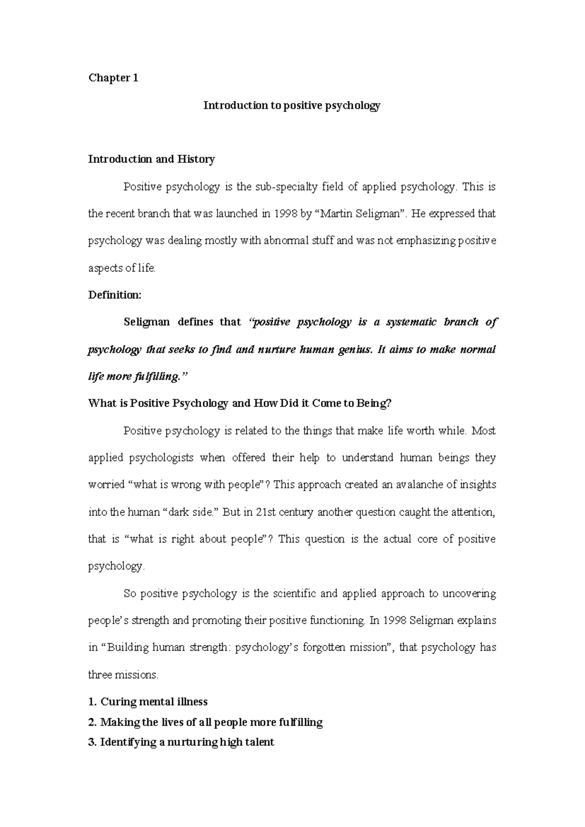 Chapter 1 introduction to possitive psychology - Chapter 1 Introduction ...