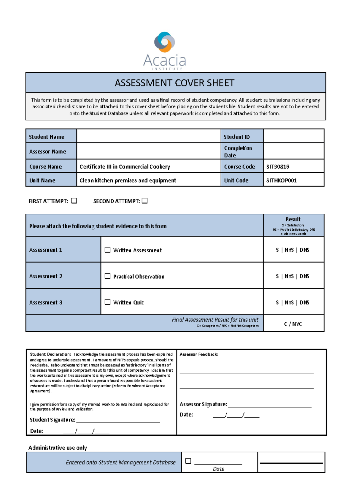 Sithkop 001 Student Pack final - ASSESSMENT COVER SHEET This form is to ...