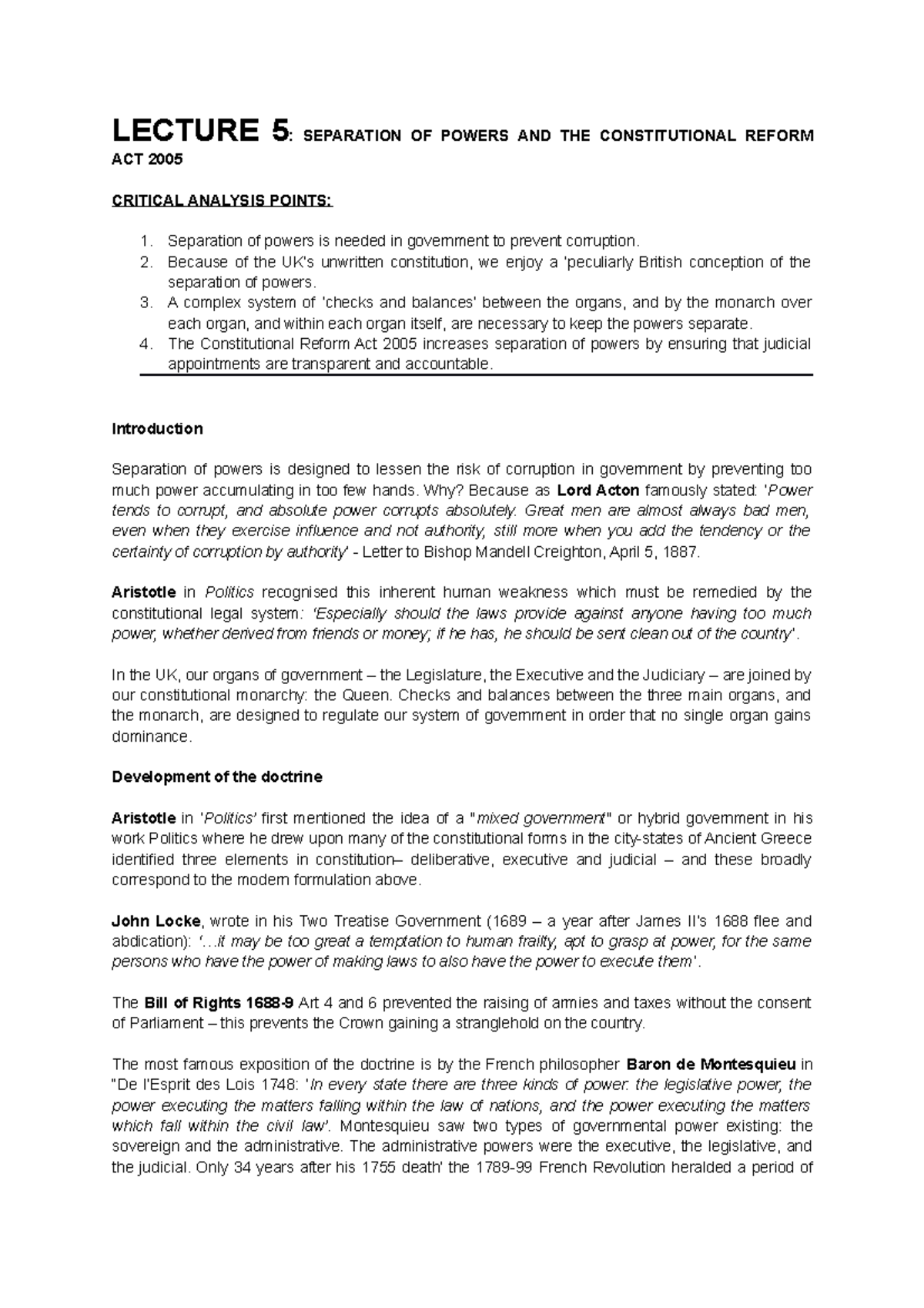 Lecture 5 - LECTURE 5: SEPARATION OF POWERS AND THE CONSTITUTIONAL ...