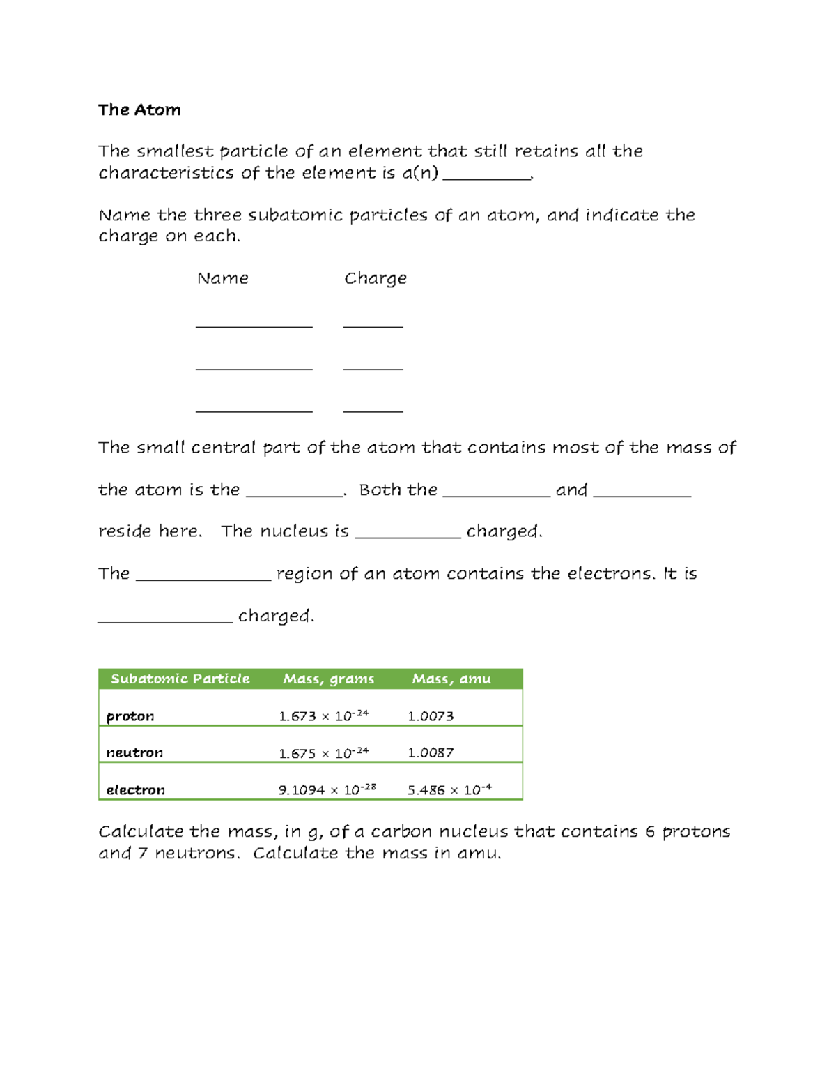 CHMThe Atom - practice assignment - The Atom The smallest particle of an element that still ...