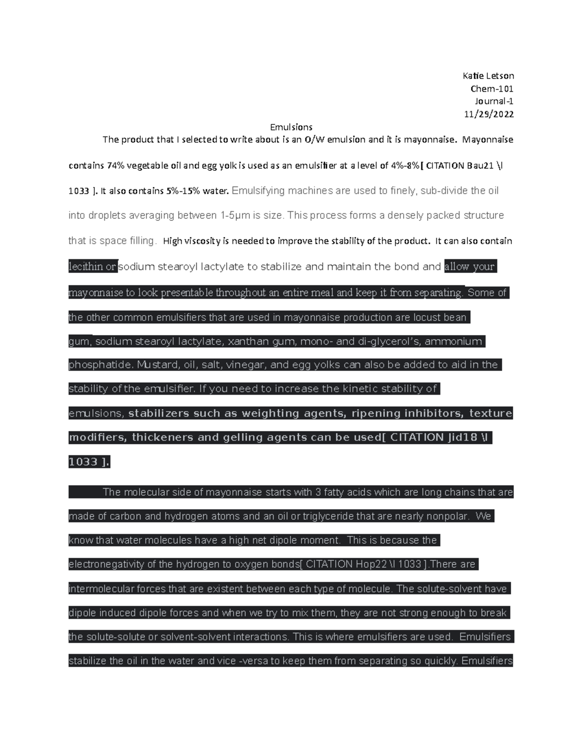 Emulsioins - This is our week 6 journal about emulsions - Katie Letson ...