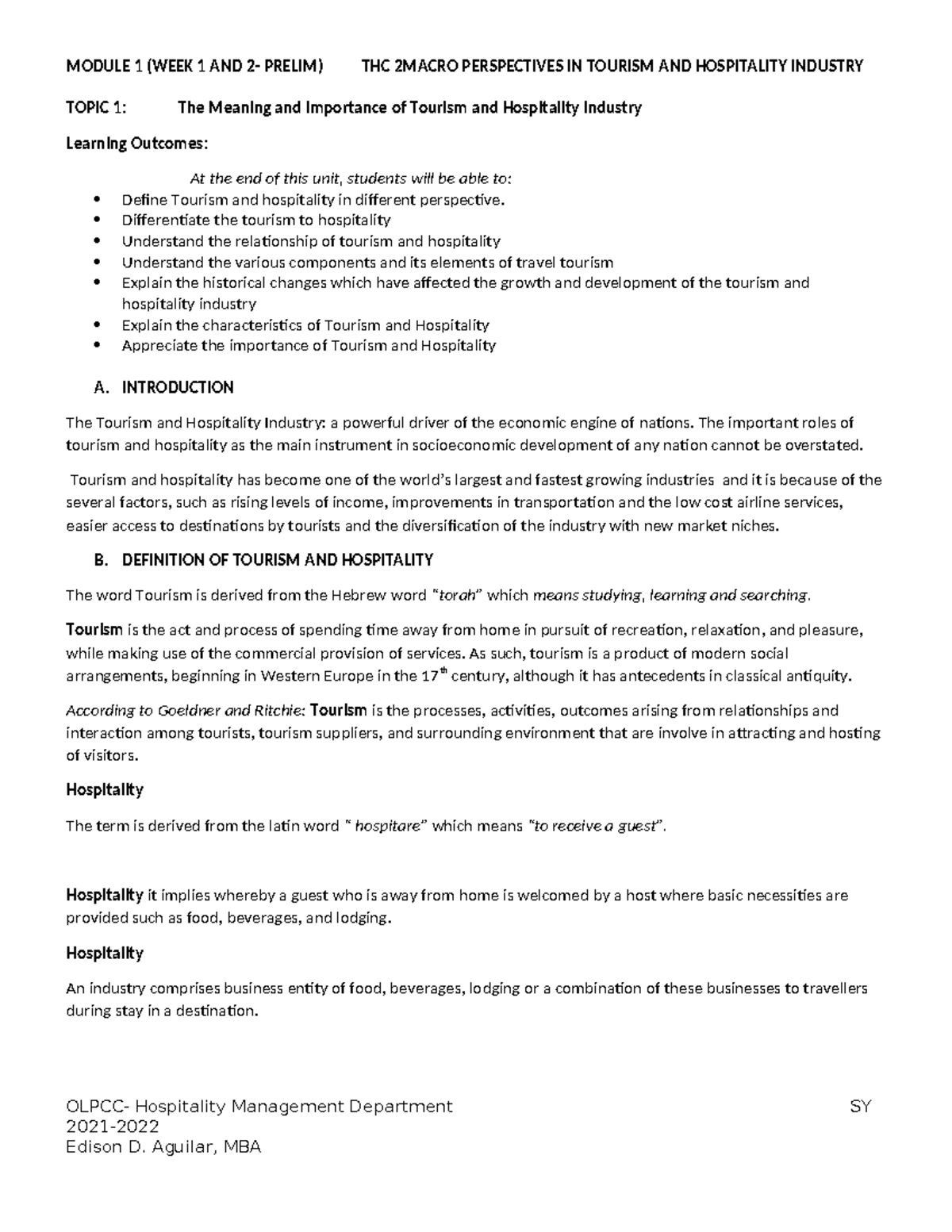 UNIT 1 Module 1 - Introduction to Hospitality Management - TOPIC 1: The ...