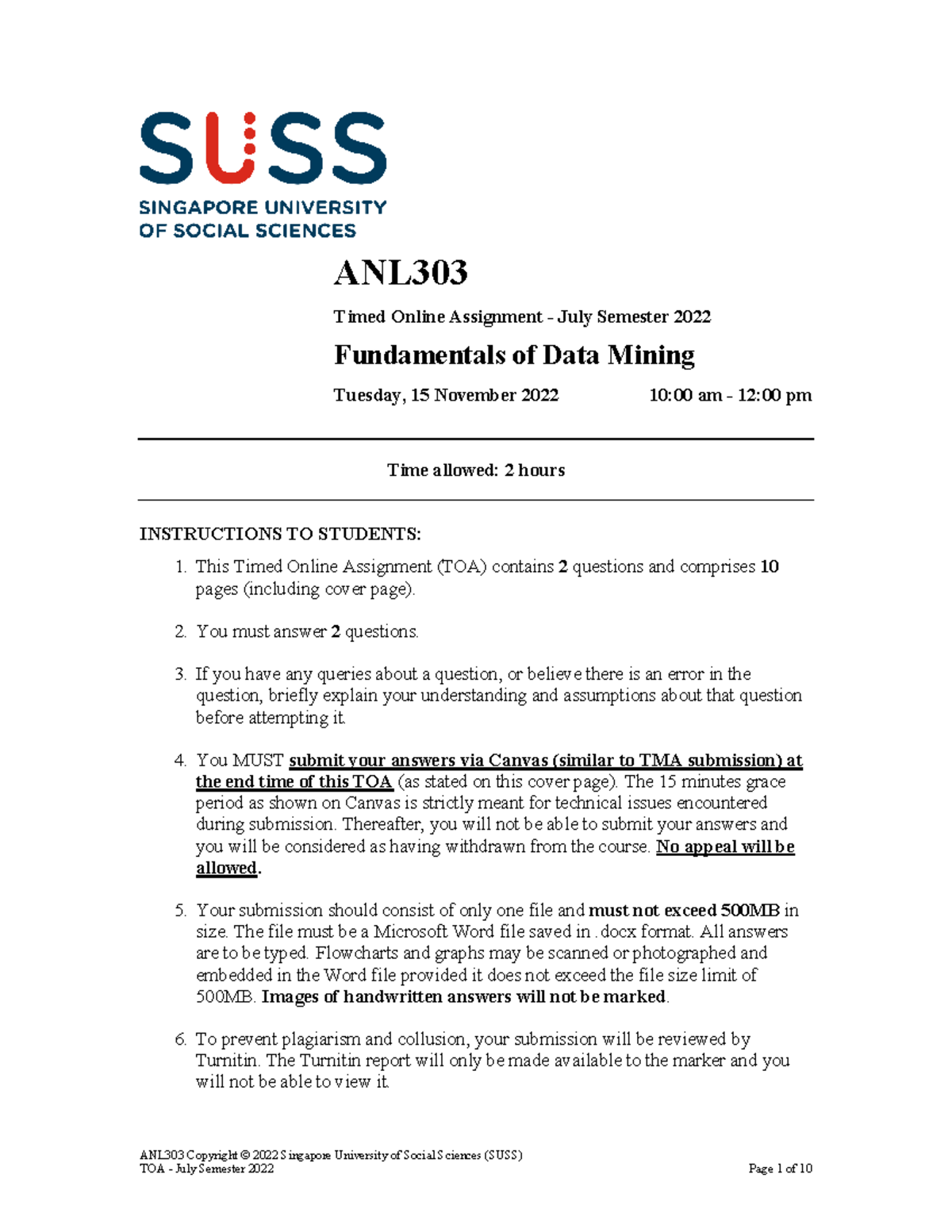 ANL303 JUL 2022 TOA - nil - ANL303 Copyright © 2022 Singapore University of Social Sciences ...