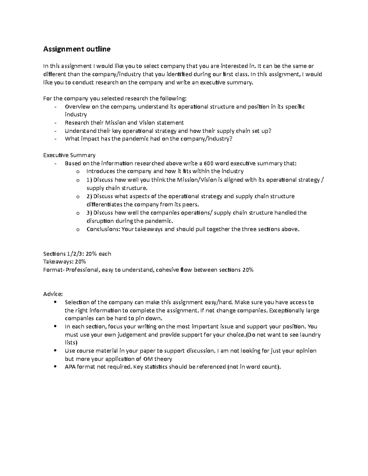 Assignment 1 Rubric Operations Management - Assignment outline In this ...