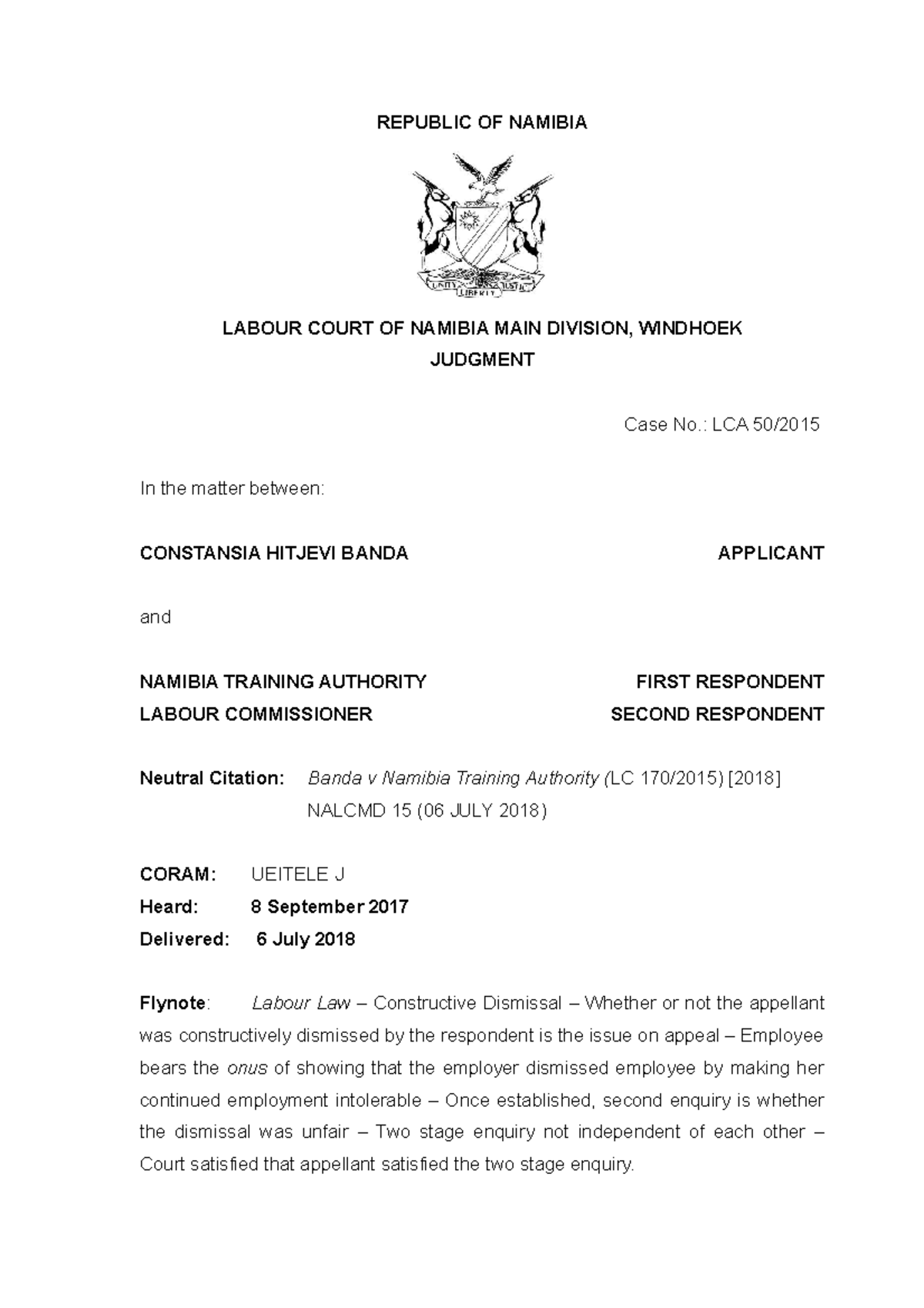 Banda v Namibia Training Authority (LC 50-2015 ) [2018 ] Nalcmd 15 (06 ...