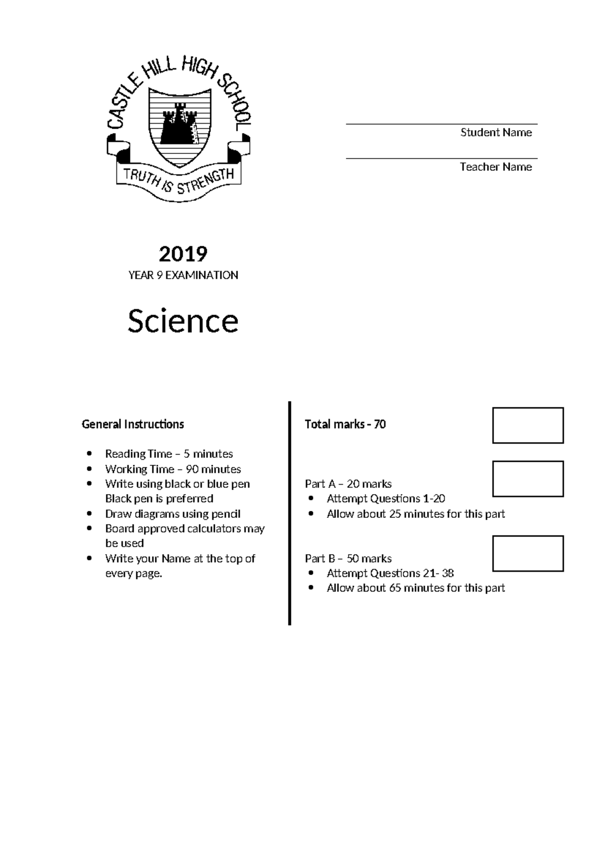 Yr 9 Final Exam 2019 Marking Criteria - Student Name Teacher Name 2019 ...