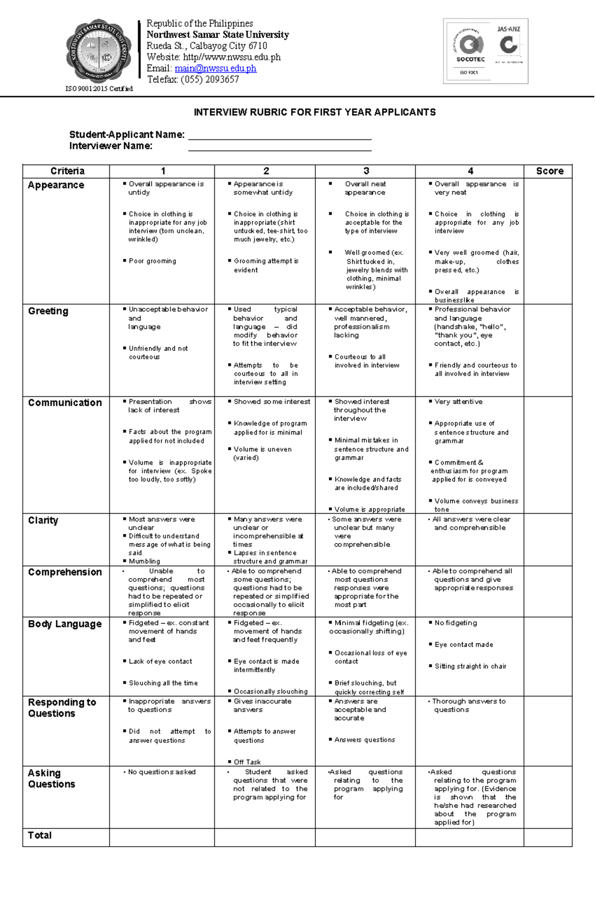 Interview Rubric FOR COEd First YEAR Applicants - ISO 9001:2015 ...
