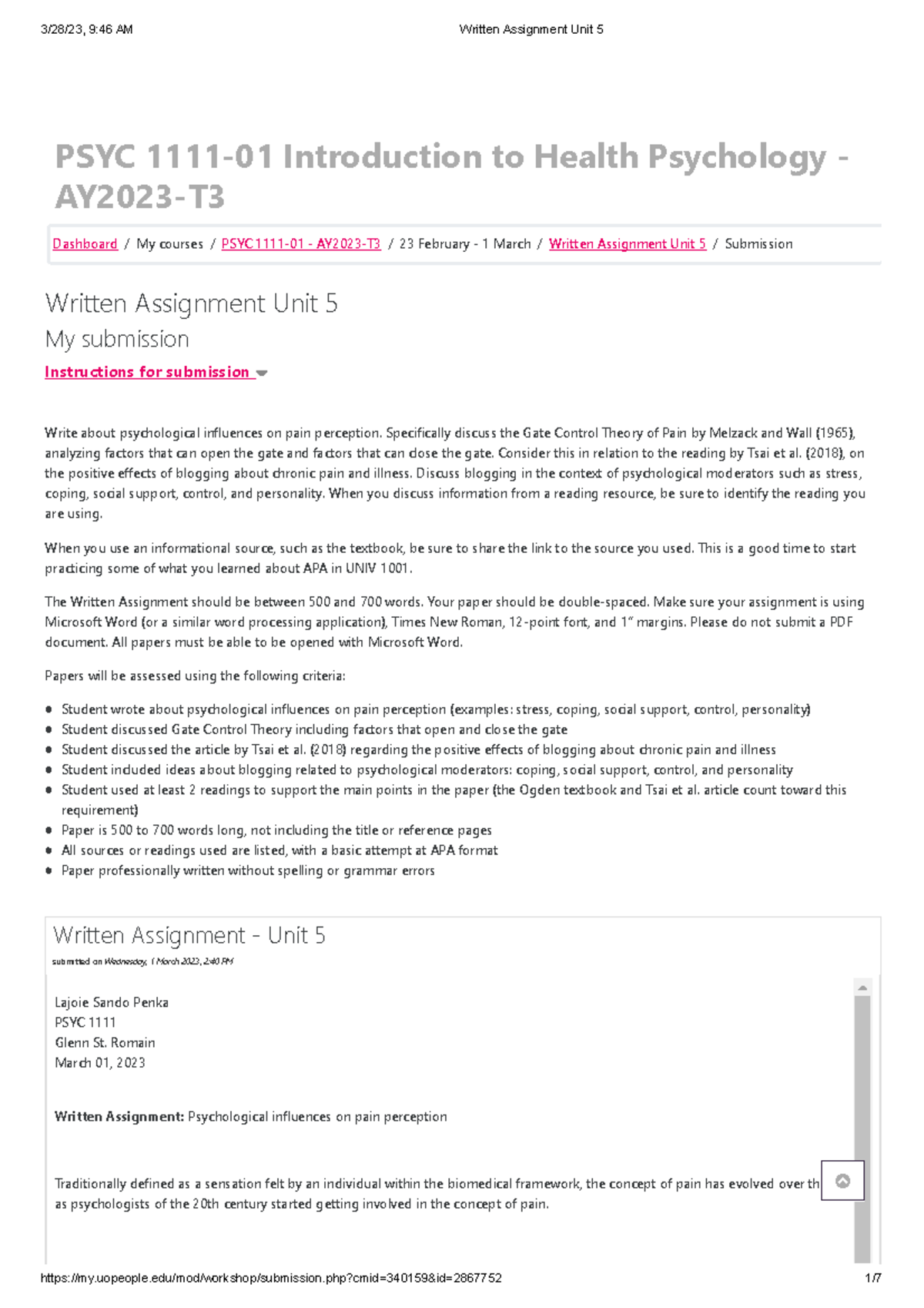 Written Assignment Unit 5 7777 - PSYC 1111-01 Introduction to Health ...