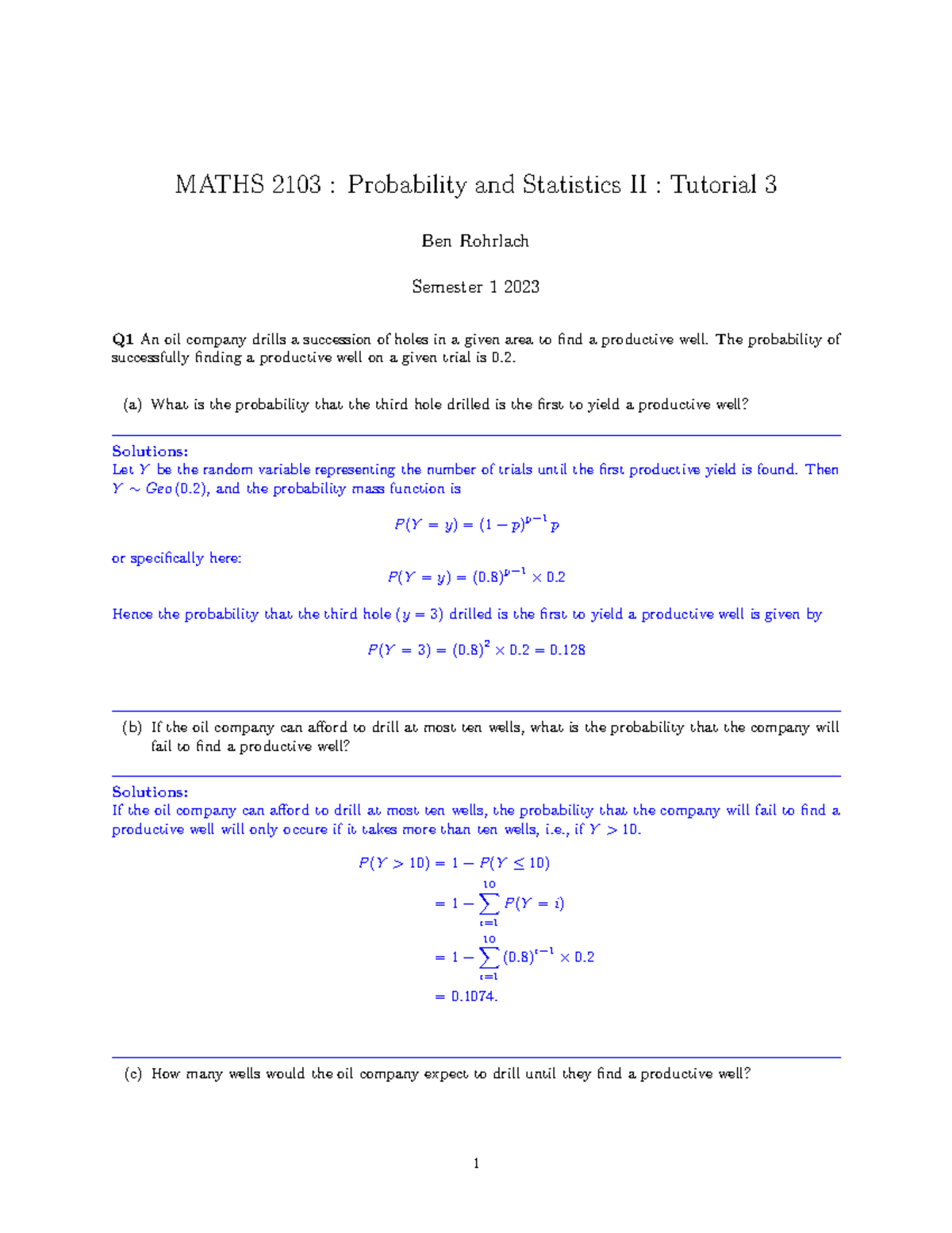 Tutorial 3 Solutions - MATHS 2103 : Probability and Statistics II ...