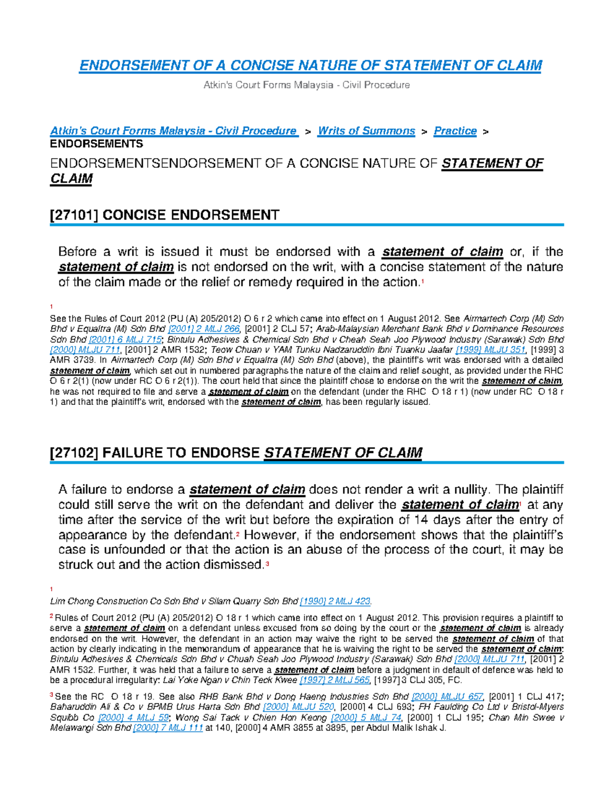 Endorsement OF A Concise Nature OF Statement OF Claim - ENDORSEMENT OF ...