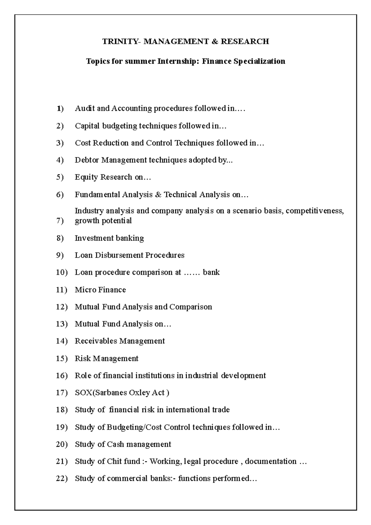 Finance Topics TRINITY MANAGEMENT RESEARCH Topics For Summer