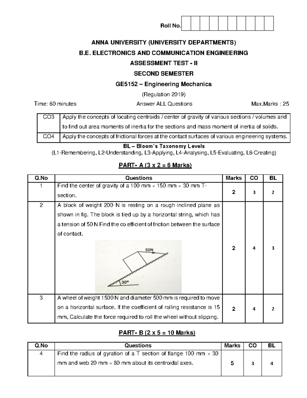 Mechanics Assessment TEST 2 - Roll No. ANNA UNIVERSITY (UNIVERSITY ...