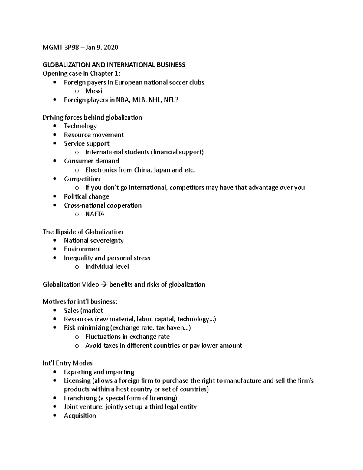 Globalization - Chapter 1 - MGMT 3P98 – Jan 9, 2020 GLOBALIZATION AND ...