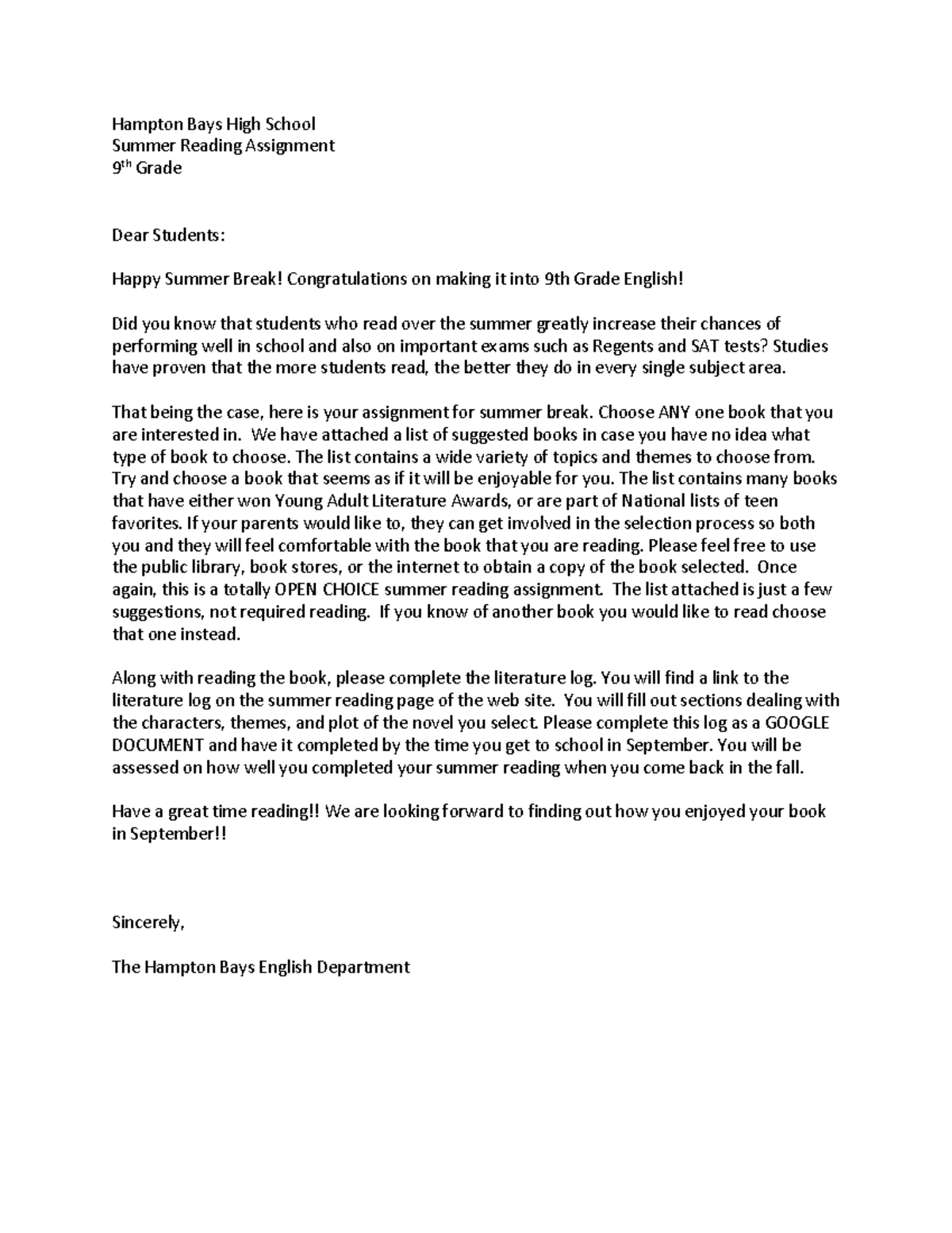 053019 9th Grade Summer Reading - Hampton Bays High School Summer ...