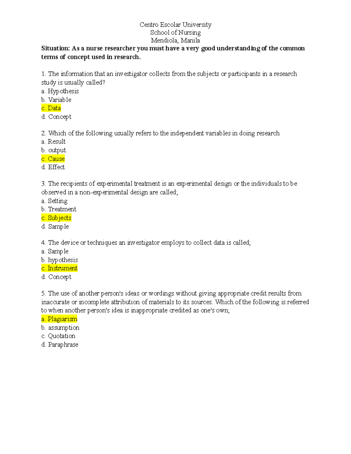 Board EXAM TYPE Questions UR1 - School of Nursing Mendiola, Manila ...
