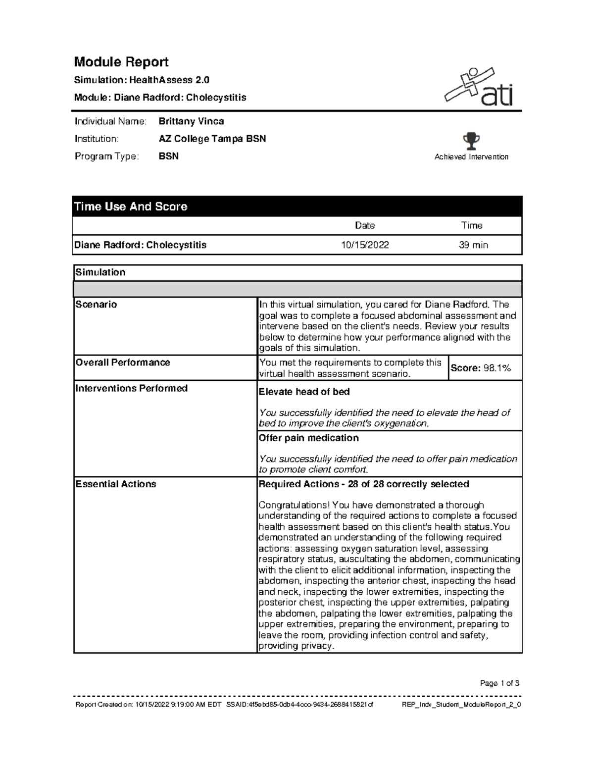 Diane Radford Simulation Module Report - Module Report Achieved ...