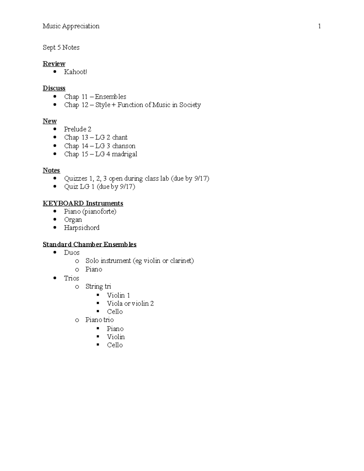 Music - Sept 5 Notes - Music Appreciation Sept 5 Notes Review Kahoot ...