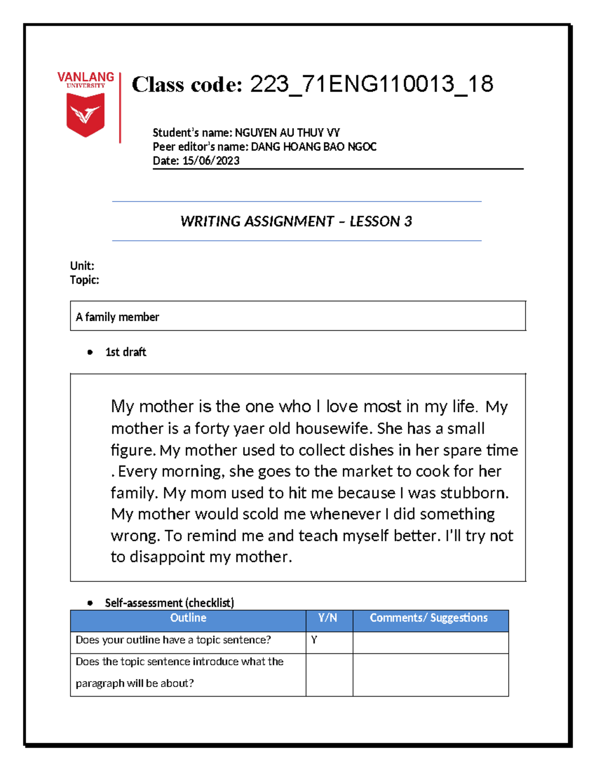 Template Writing assignment - Class code: 223_71ENG110013_ Student’s name: NGUYEN AU THUY VY ...