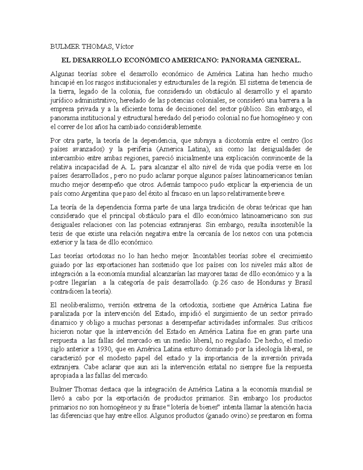 Bulmer Thomas resumen de texto realizado en 2019 - BULMER THOMAS ...